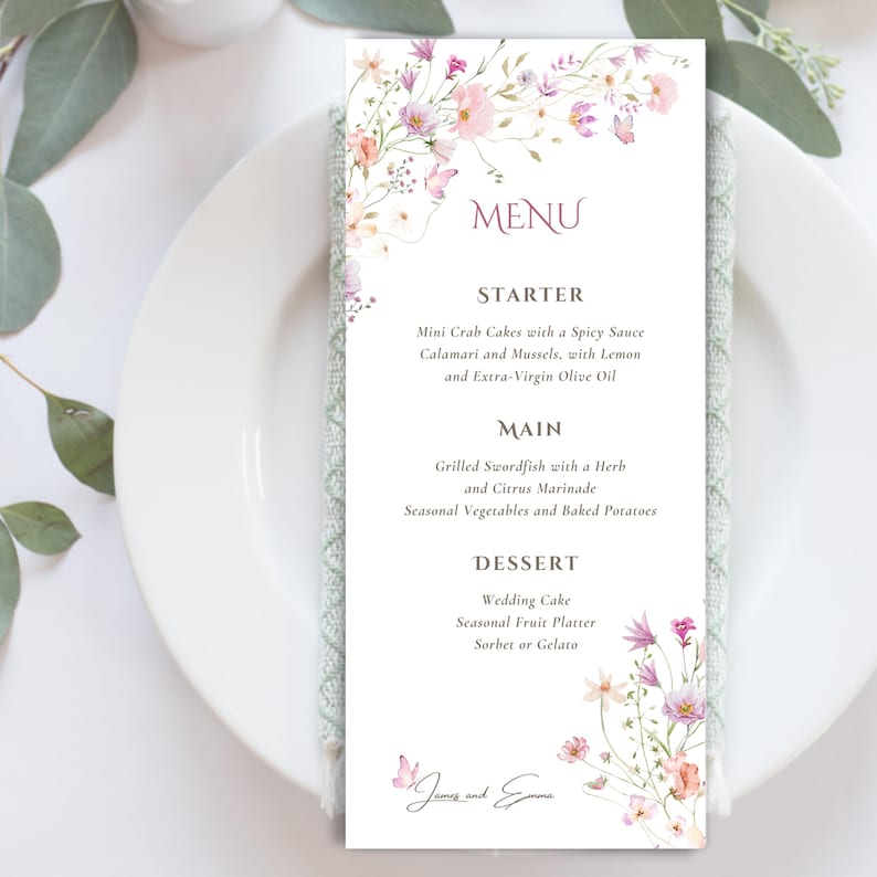 Wildflower Wedding Menu Template: Elegant Floral Design (digital ...