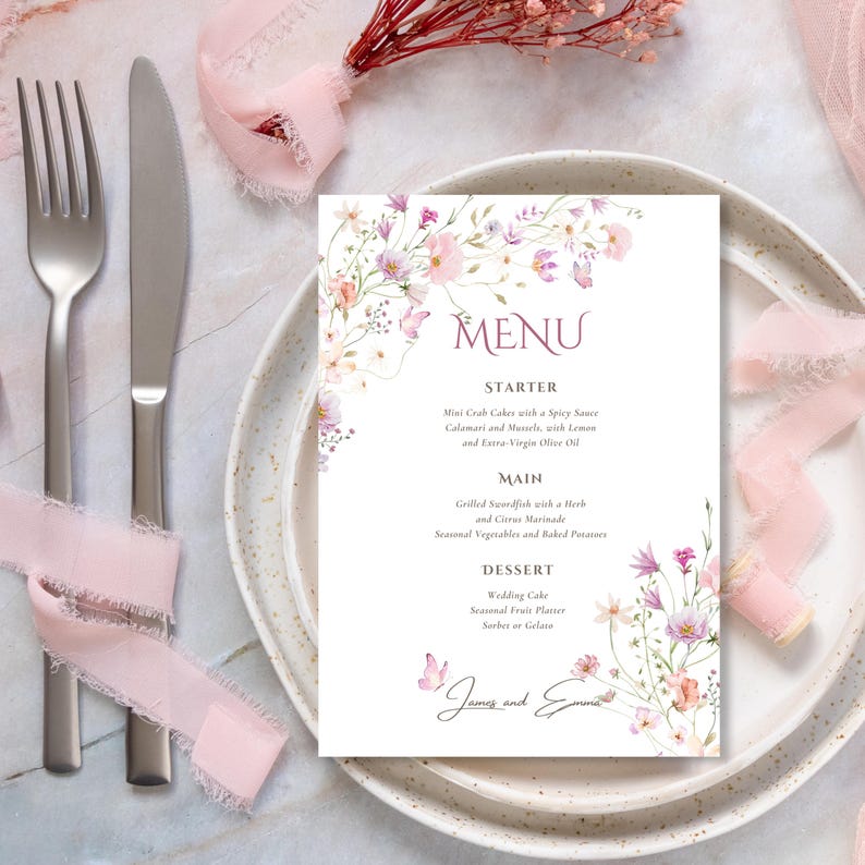 Wildflower Wedding Menu Template: Elegant Floral Design (digital ...