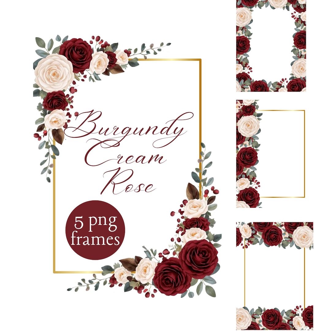 Burgundy and Cream Roses Clipart, Floral Gold Frame PNG, Watercolor ...