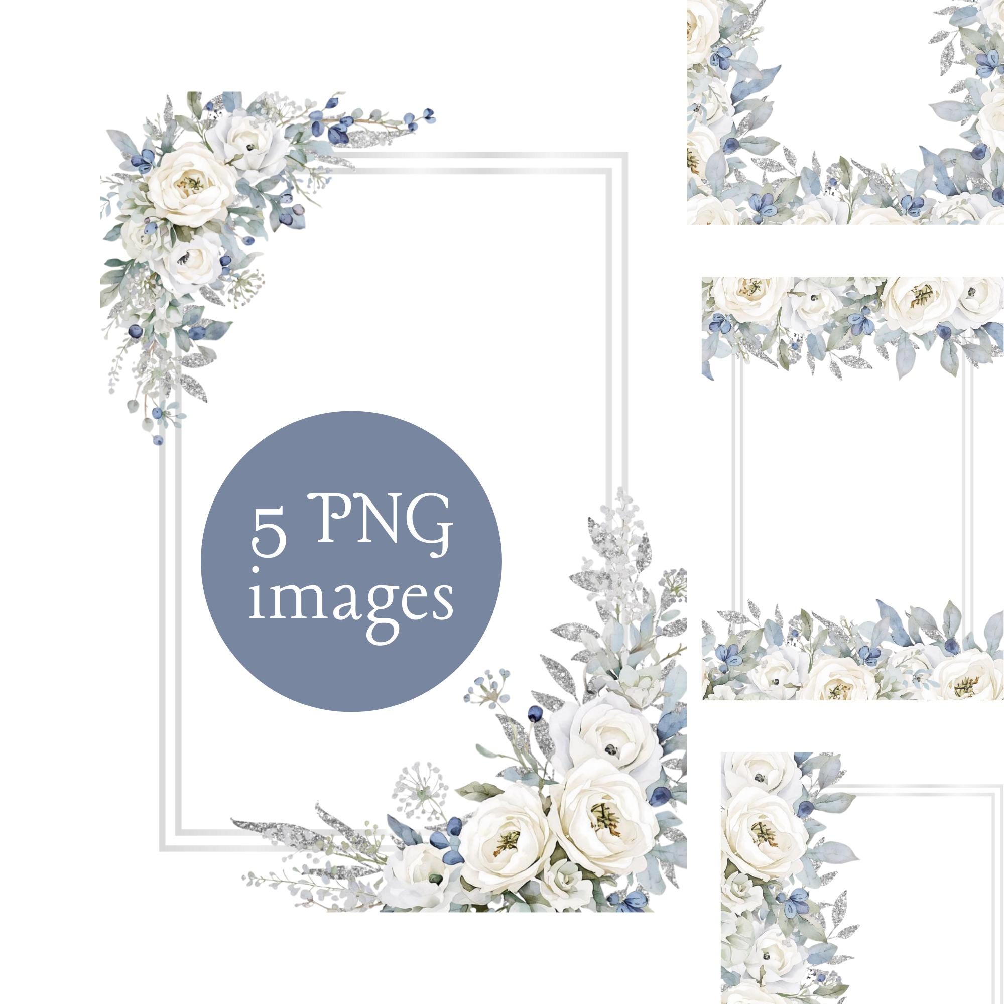 White and Silver Floral PNG Clipart, Floral Watercolor Frame, Silvery ...