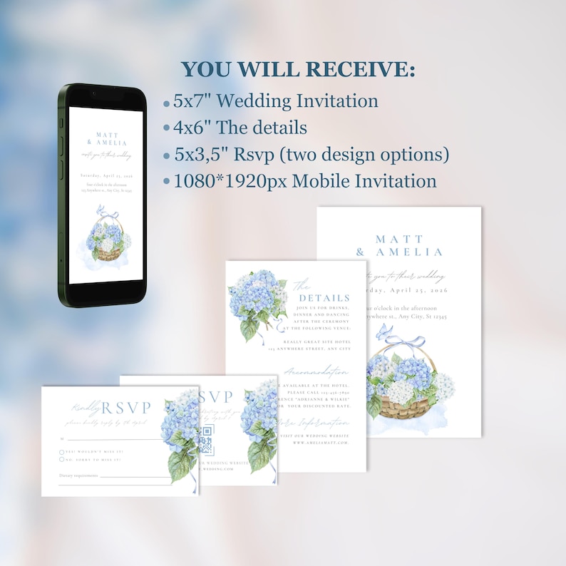 Blue Hydrangea Wedding Invitation Template: Elegant Floral Suite (digital Download) - Etsy