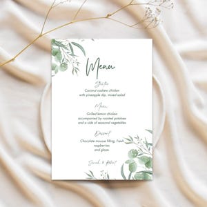 Greenery Wedding Menu Template, Printable Eucalyptus Table Menu Cards ...
