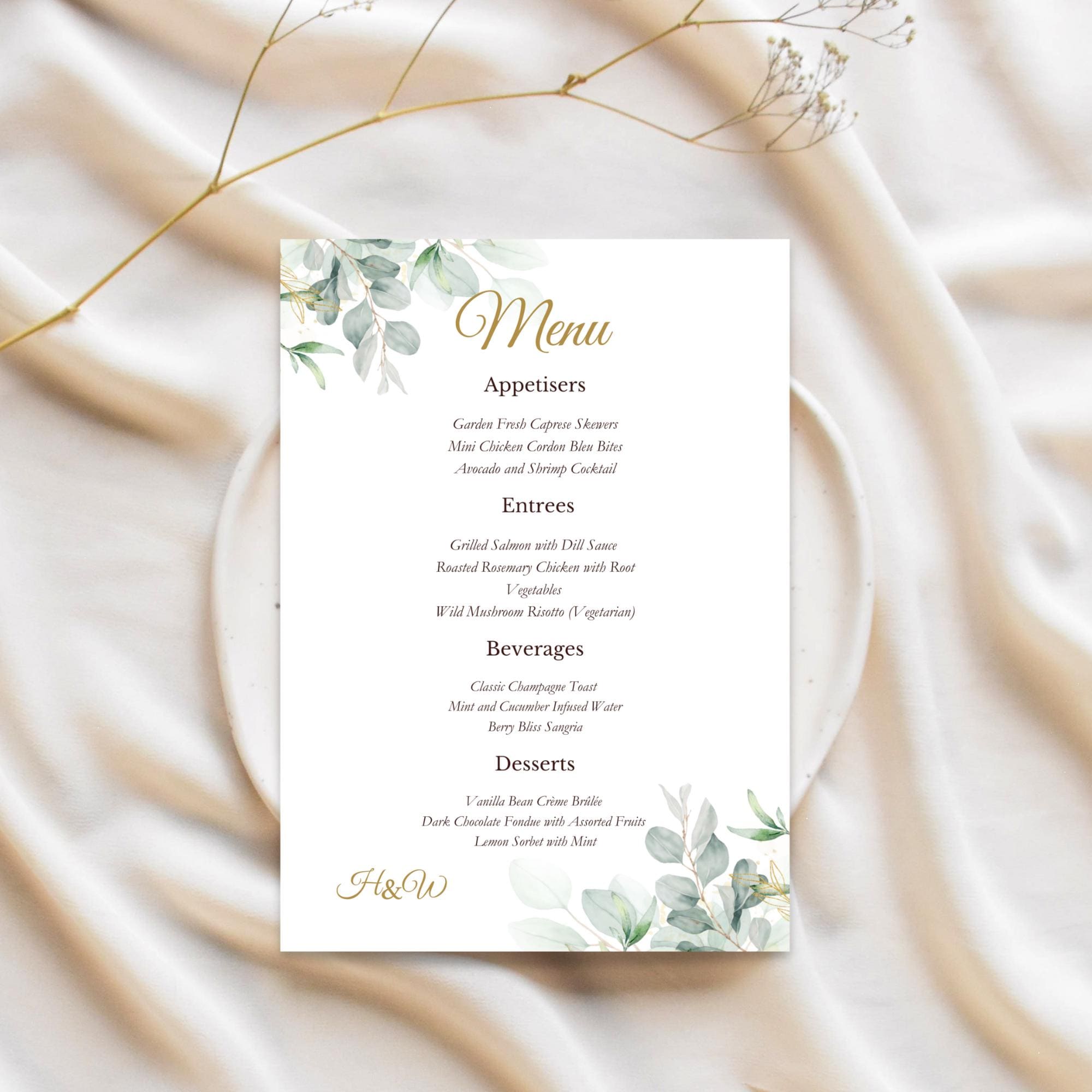 Greenery Wedding Menu Template, Printable Eucalyptus Table Menu Cards ...