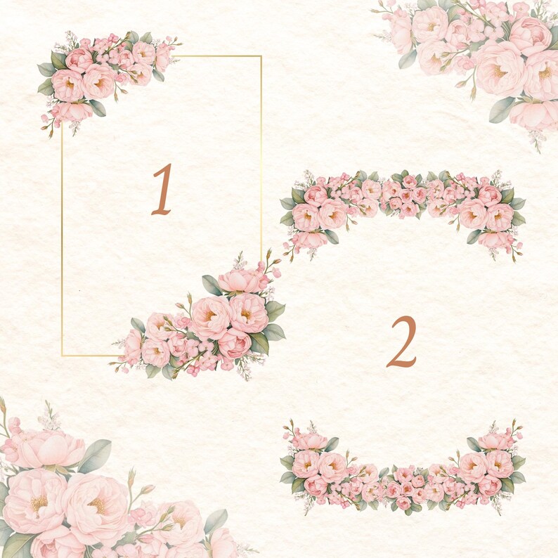 Watercolor Pink Rose Clipart: Gold Frame Floral Border (digital ...