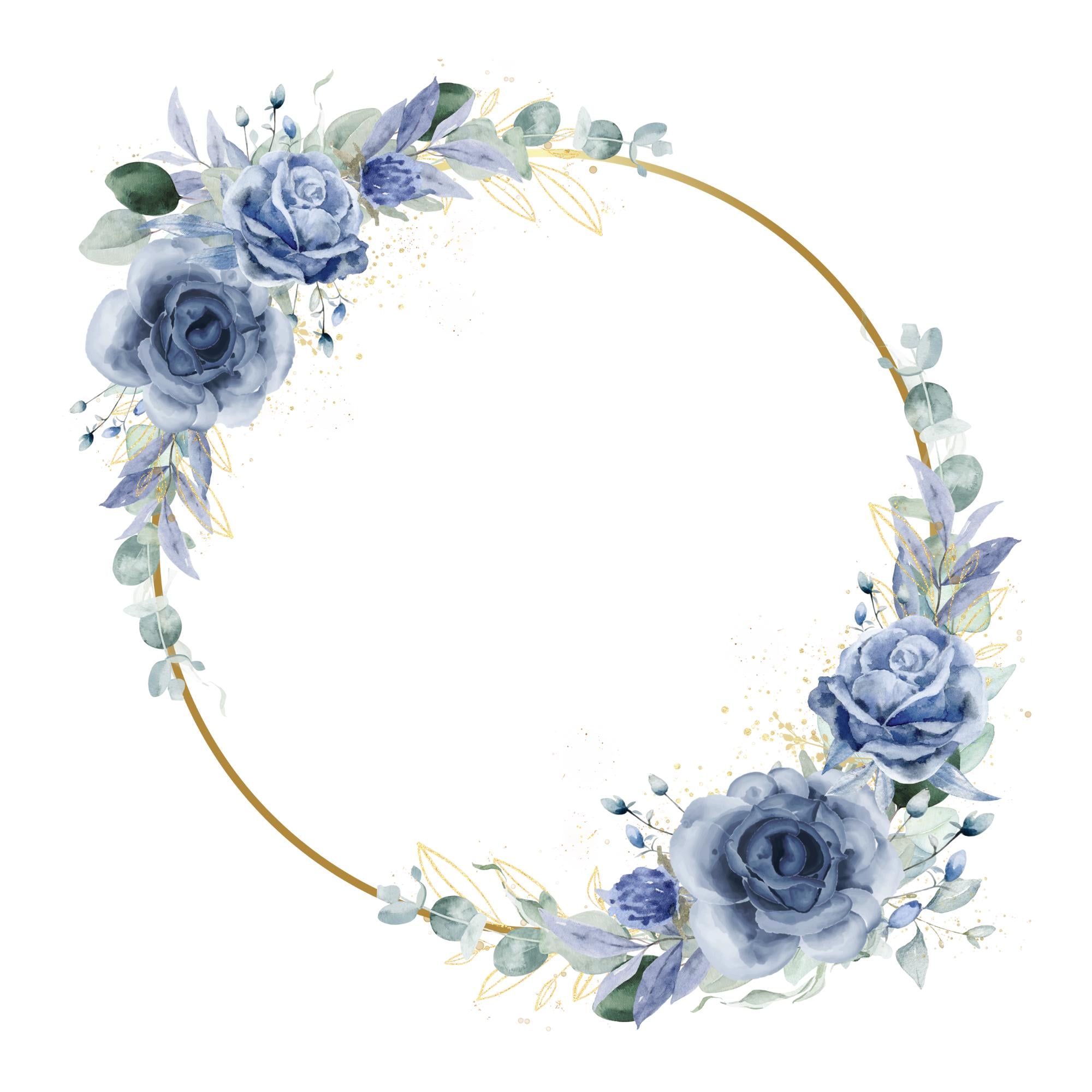 Watercolor Dusty Blue Floral and Gold Frame, Blue Flowers Wreath PNG ...