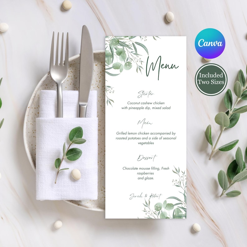 Greenery Wedding Menu Template, Printable Eucalyptus Table Menu Cards ...