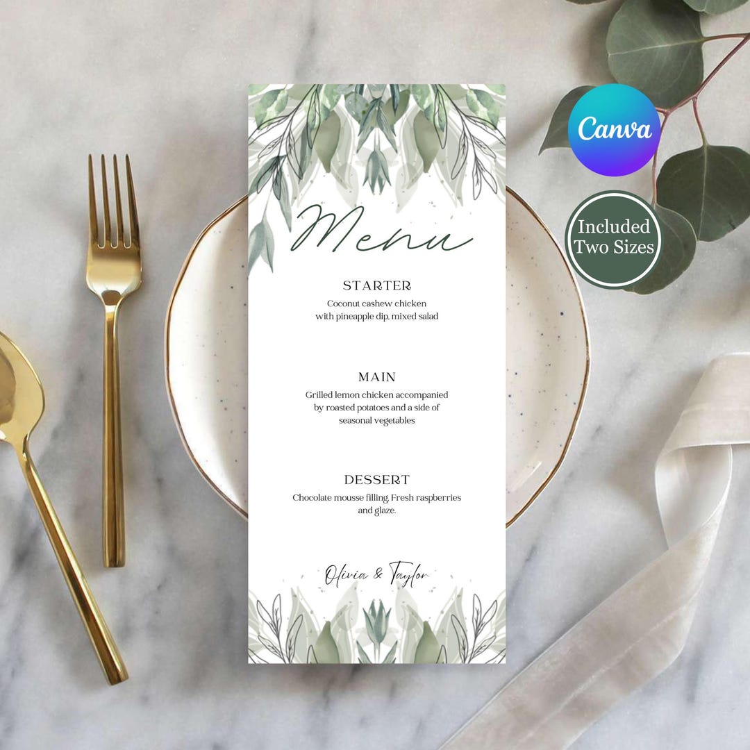 Greenery Wedding Menu Template, Printable Eucalyptus Table Menu Cards ...