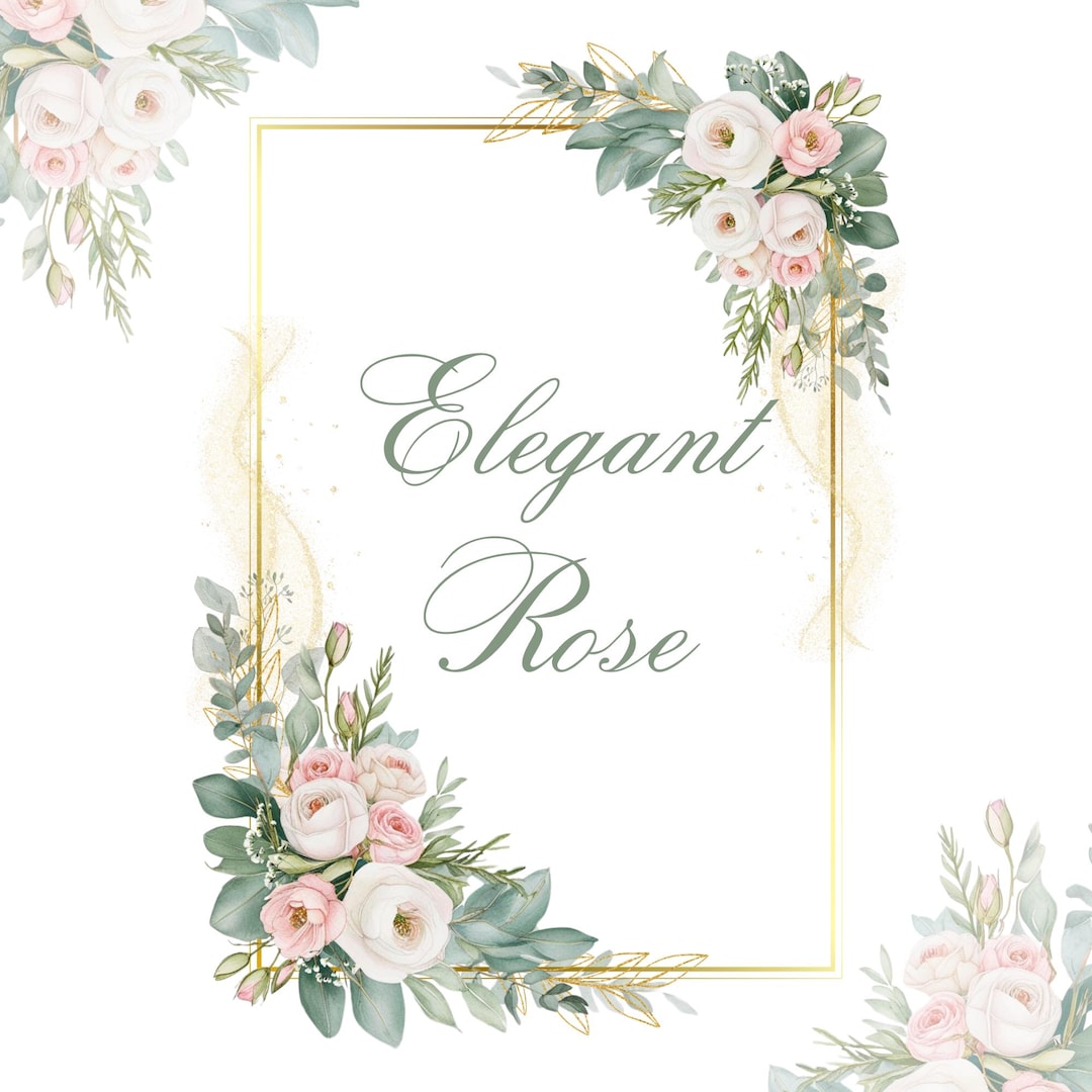 Watercolor Rose Clipart: Pink Floral Gold Frame, Eucalyptus Border ...