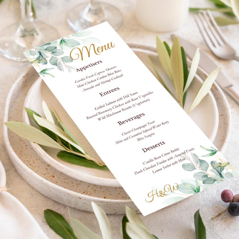 Greenery Wedding Menu Template, Printable Eucalyptus Table Menu Cards ...