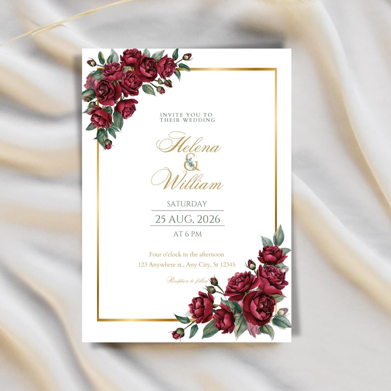 Burgundy Roses and Gold Frame Clipart, Elegant Flower Wedding Clipart ...