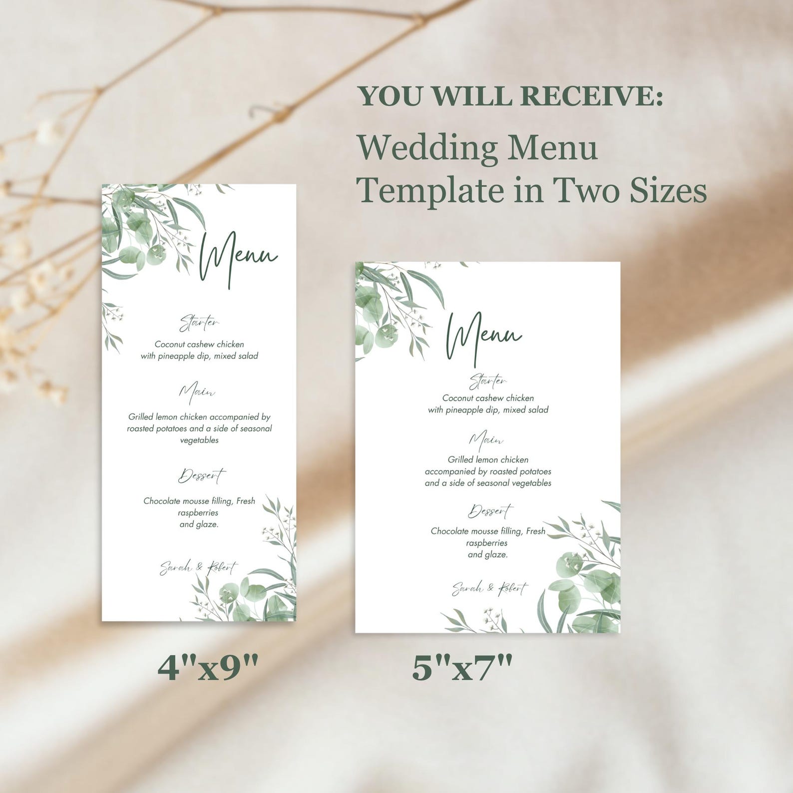 Greenery Wedding Menu Template, Printable Eucalyptus Table Menu Cards ...