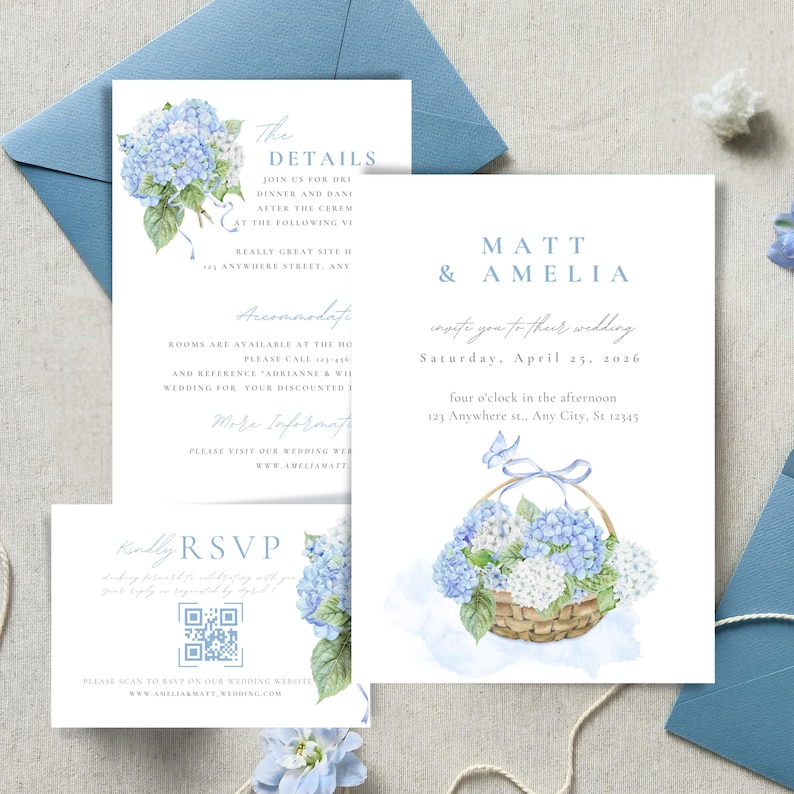 Blue Hydrangea Wedding Invitation Template: Elegant Floral Suite (digital Download) - Etsy