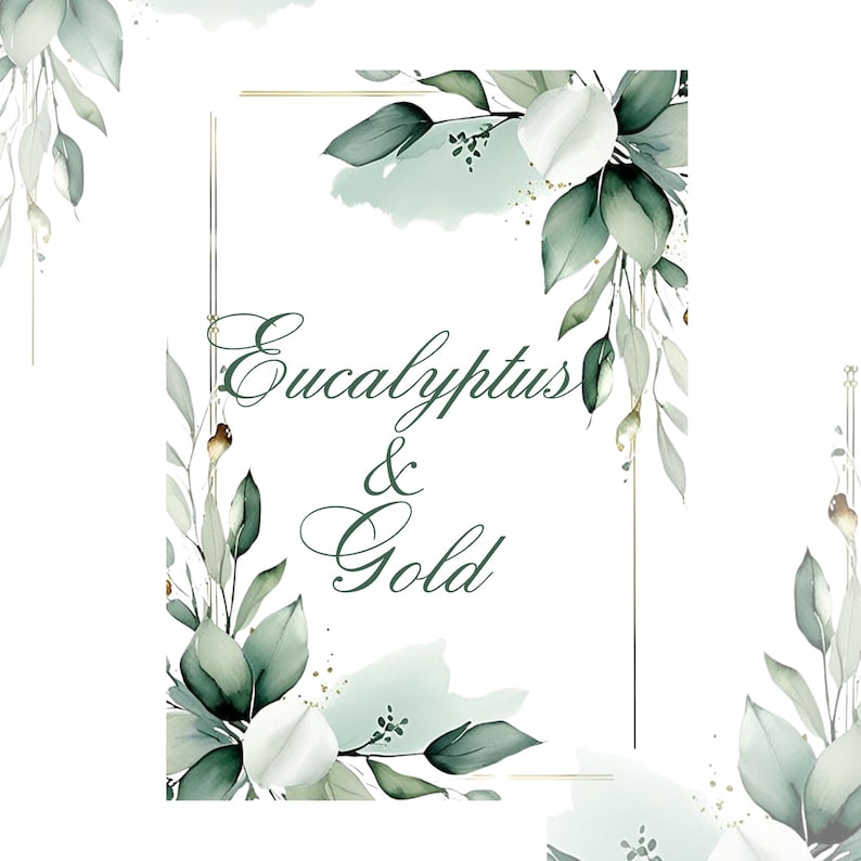 Watercolor Eucalyptus Gold Frame Clipart: Wedding Invitation DIY ...