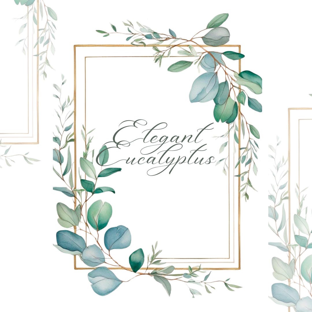 Watercolor Eucalyptus Gold Frame Clipart: Greenery Wedding Invitation ...