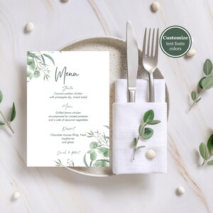 Greenery Wedding Menu Template, Printable Eucalyptus Table Menu Cards ...