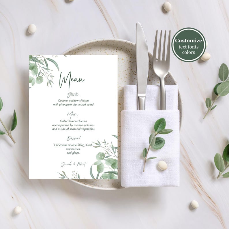 Greenery Wedding Menu Template, Printable Eucalyptus Table Menu Cards ...