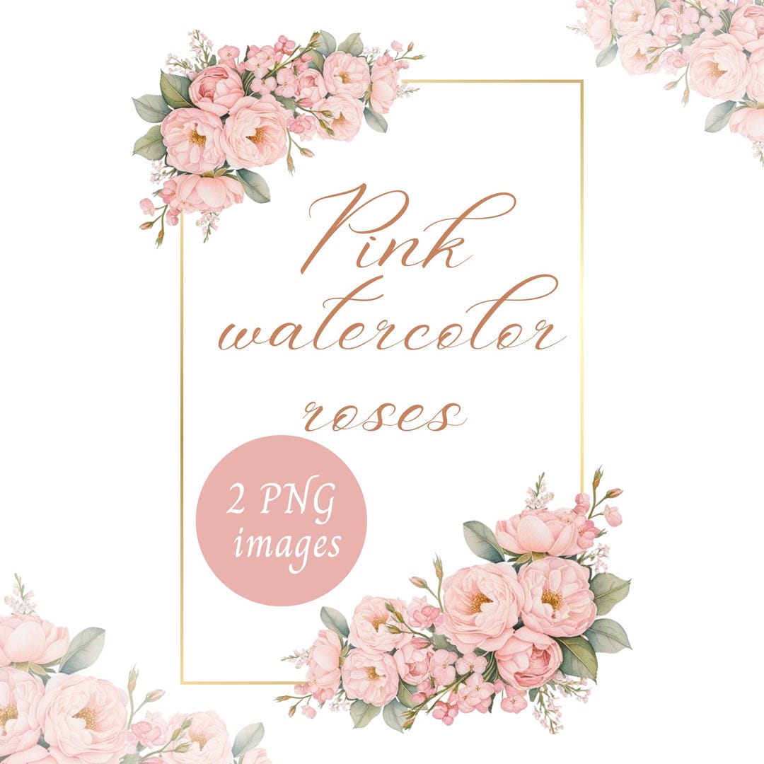 Watercolor Pink Rose Clipart: Gold Frame Floral Border (digital ...