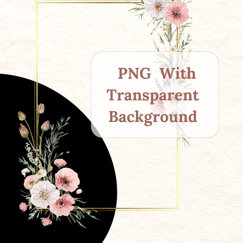 Watercolor Wildflower Clipart: Pink Flowers, Gold Frame (digital ...