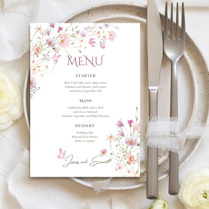 Wildflower Wedding Menu Template: Elegant Floral Design (digital ...