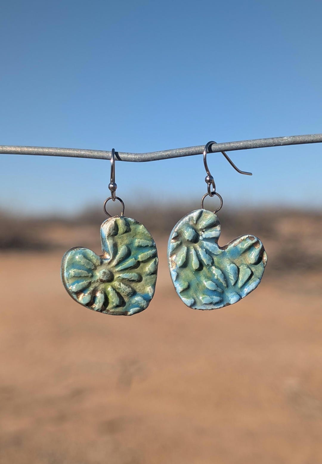 Blue-green Daisy-print Heart-shaped Ceramic Earrings - Handmade Heart ...