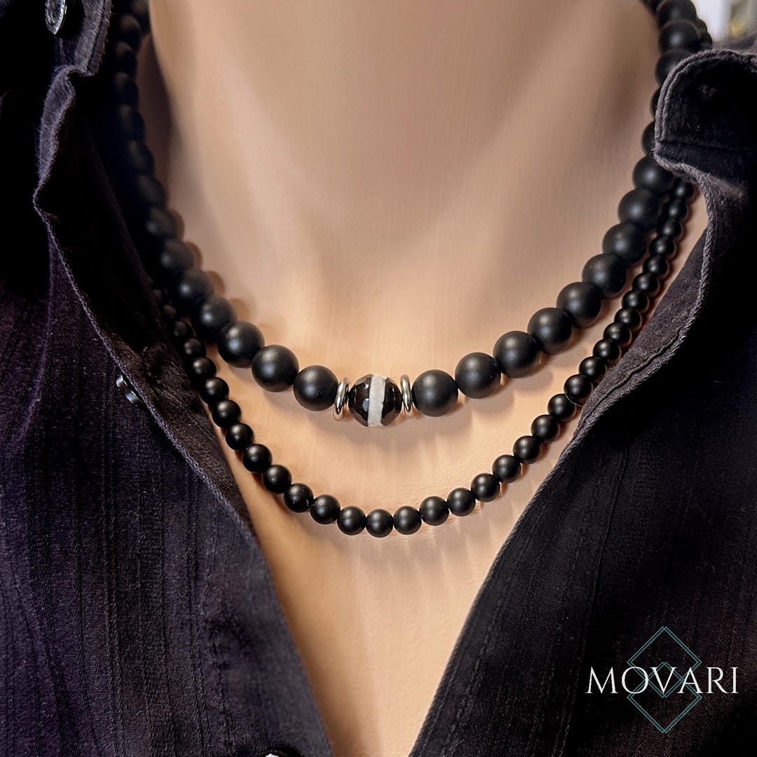 Tibetan Dzi Bead 10mm Men’s Layered Necklace Wisdom & Protection Bead ...