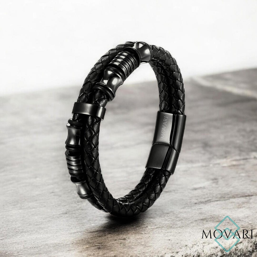 Black Layered Leather Bracelet, Stainless Steel & Braided Leather ...