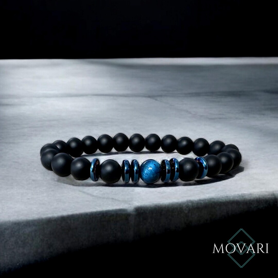 Mens Bracelet - Blue Tiger's Eye, Electric Blue Hematite & Matte Onyx ...