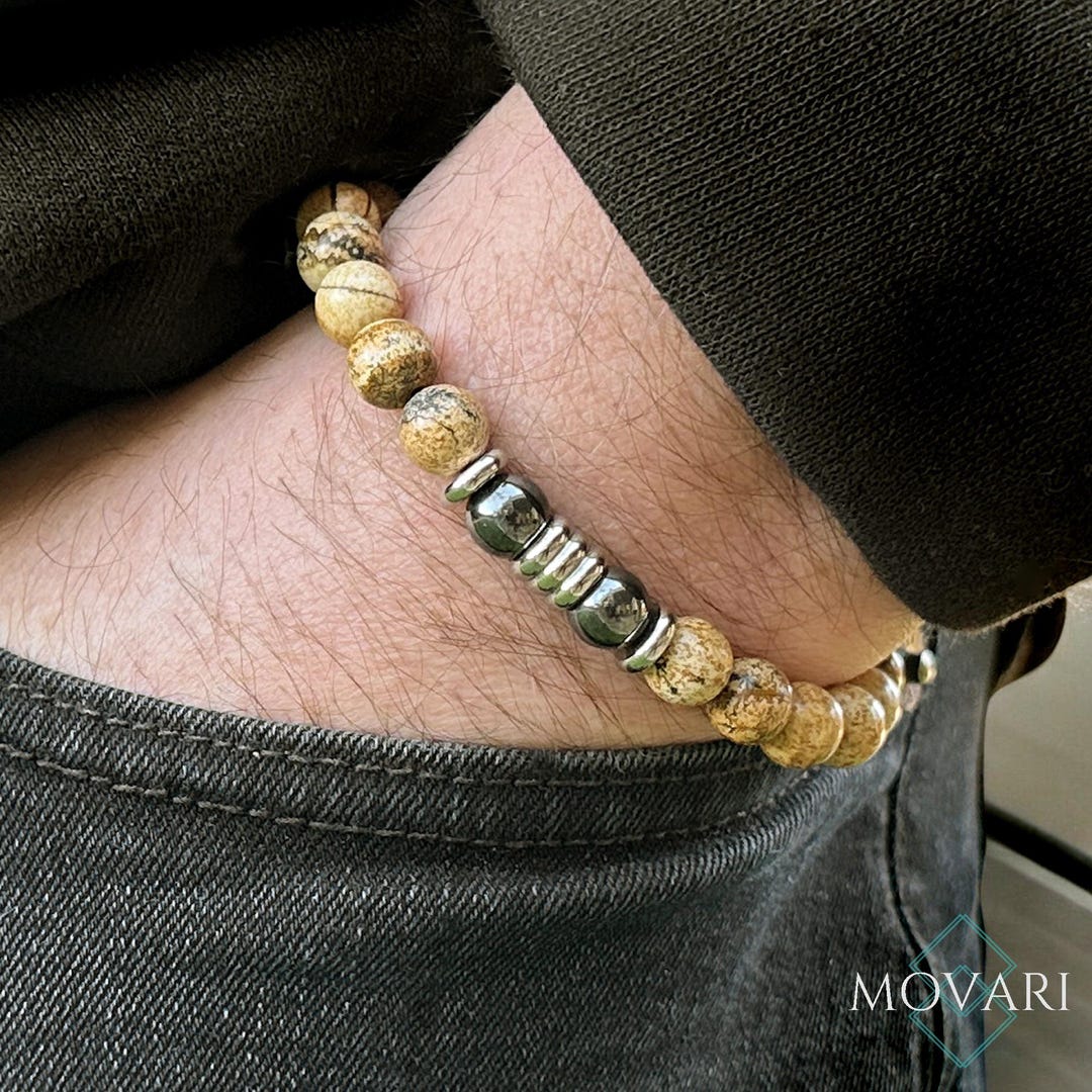 Men's Bead Stretch Bracelet Picture Jasper, Hematite 8mm Natural ...