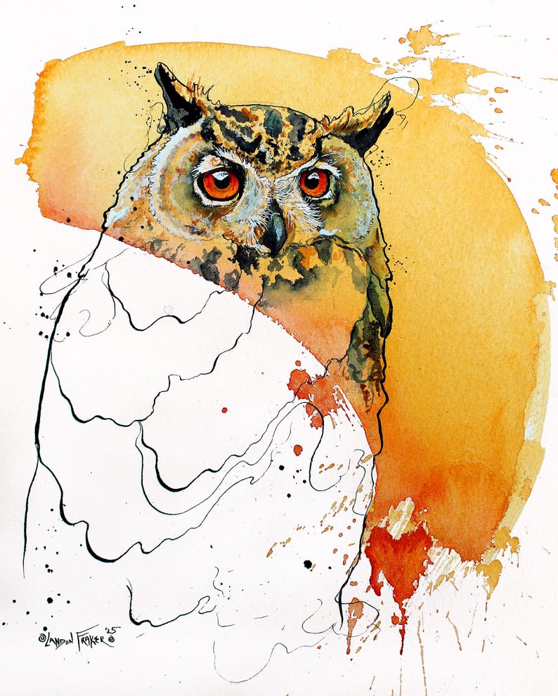 Great Horned Owl Watercolor Painting Print - Brushstrokes Series by ...