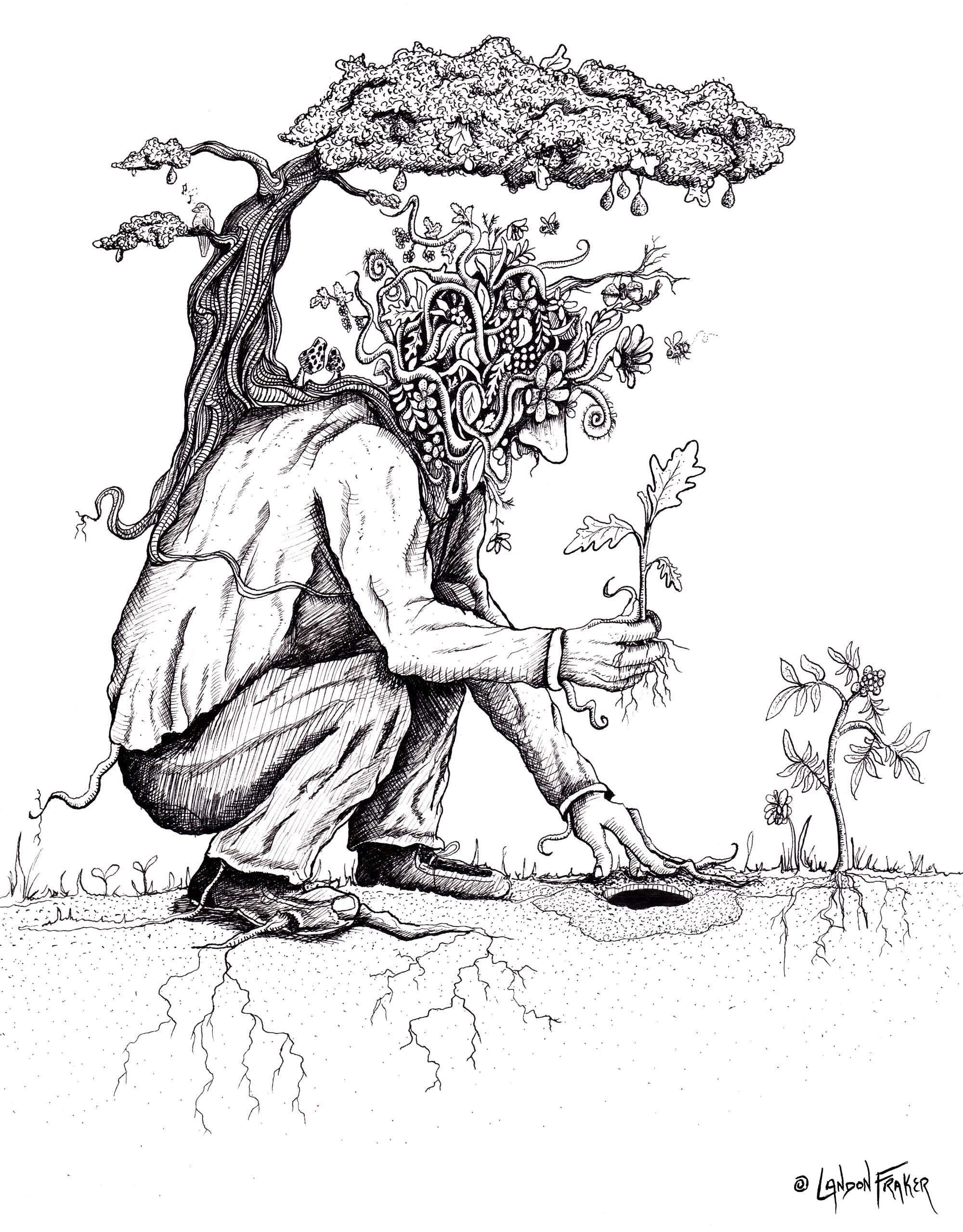 Green Man Planting an Oak Tree, Nature Art, Oak Tree Print, Tree ...