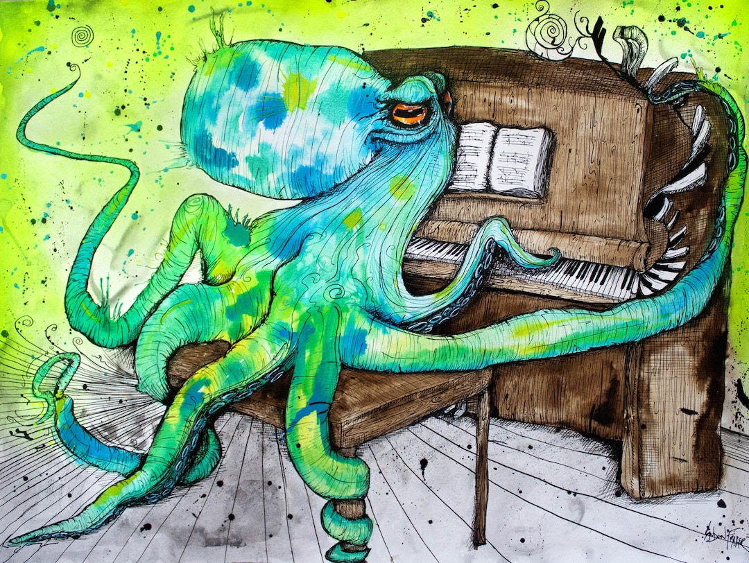 OCTOPUS Playing PIANO, Funny Animal Art, Octopus Watercolor Print ...