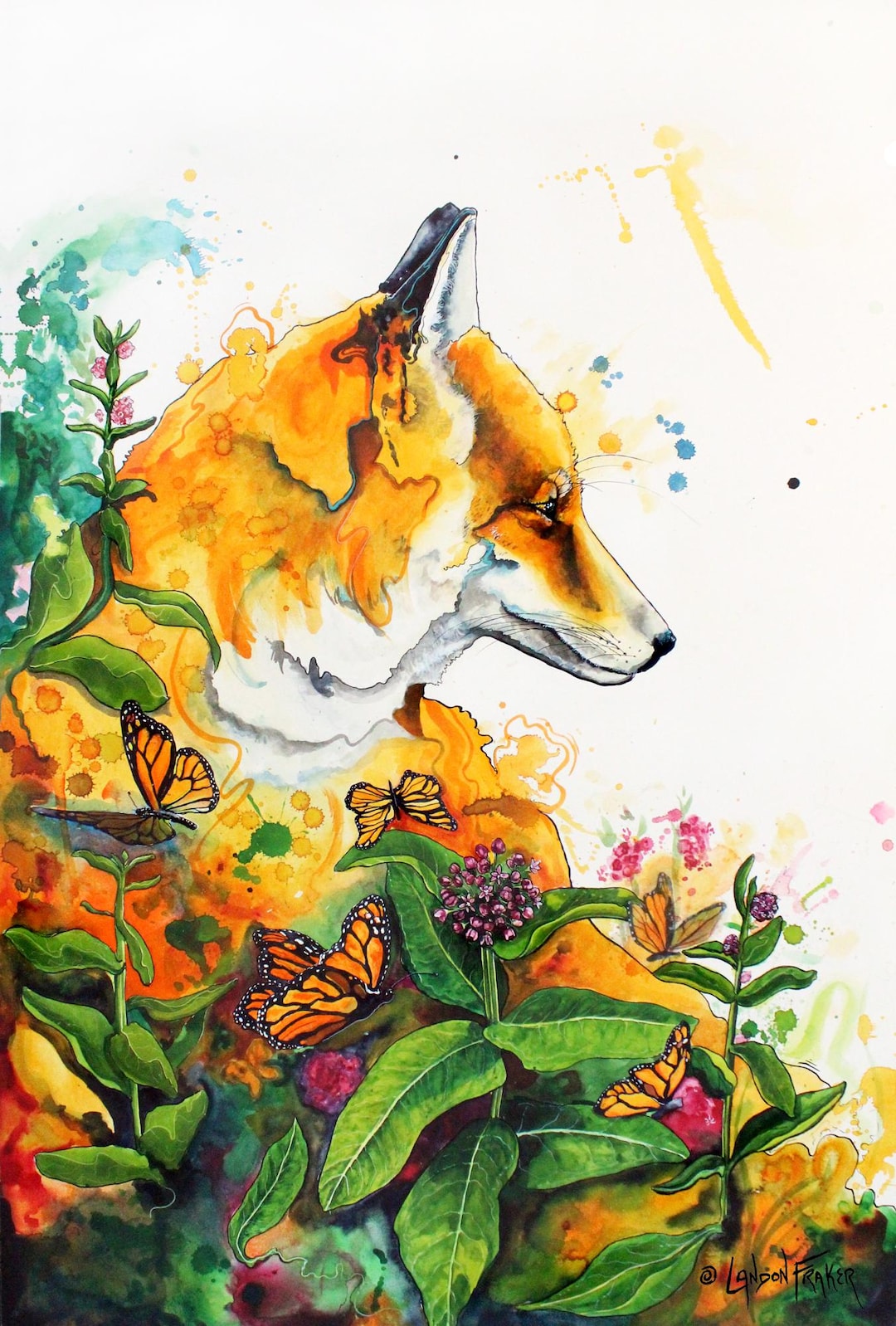 Fox Painting - Fox Artwork Whimsical - Monarch Butterfly - Wildlife ...