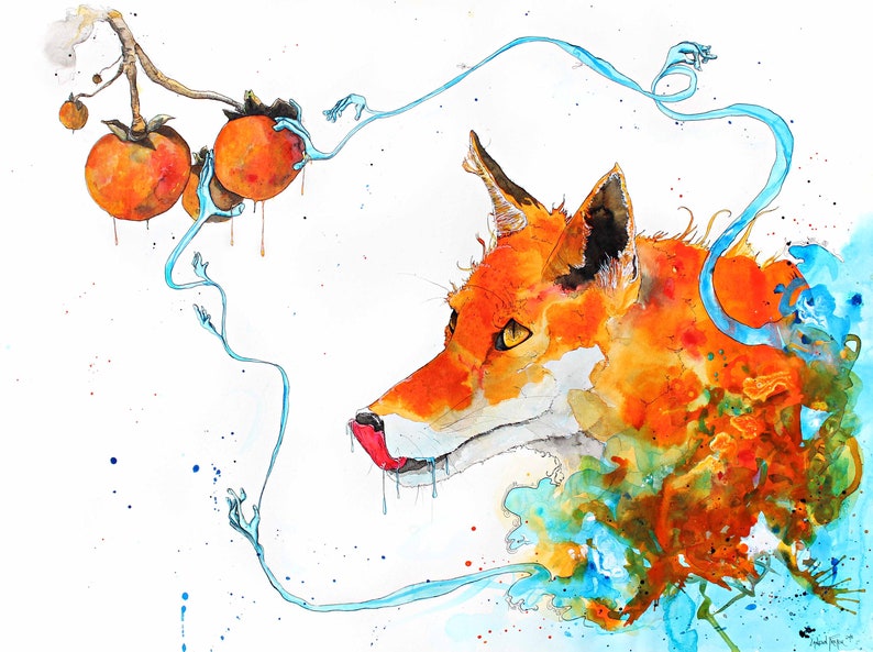 FOX and PERSIMMONS / Surreal Animal Art, Watercolor Painting, Food and ...