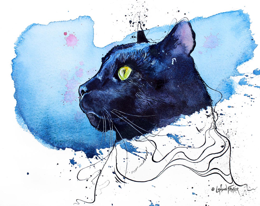 Black Cat Painting - Black Cat Watercolor - Cat Watercolor Art - Cat ...