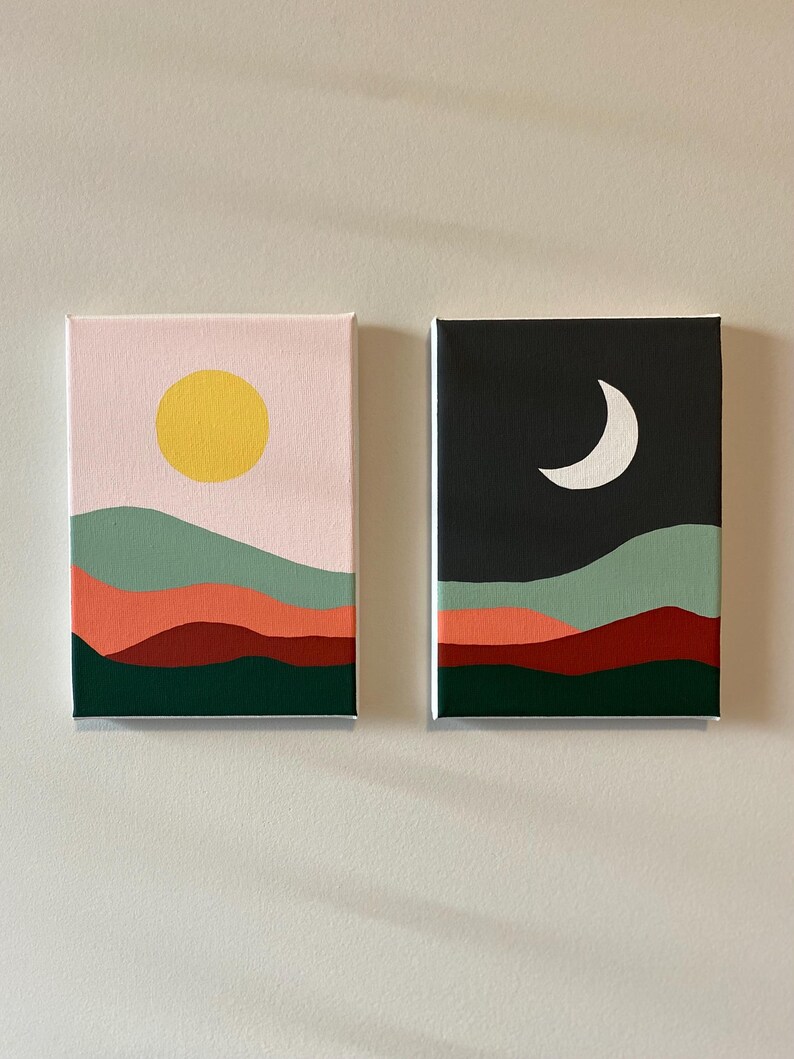 Boho Sun and Moon Abstract Acrylic Canvas Painting Set - Vibrant Home ...