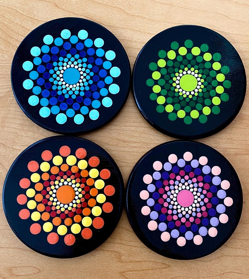 Bohemian Chic Mandala Dot Art Wood Coasters Set of 4 Hand Painted Drink ...