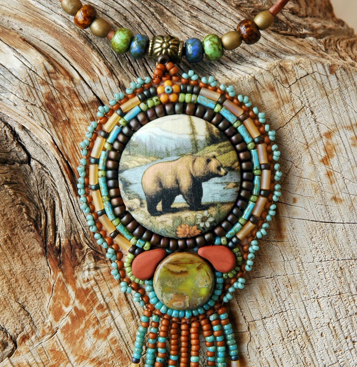 Beaded Bear Necklace: Fabric Button Pendant, Czech Glass Daggers - Etsy