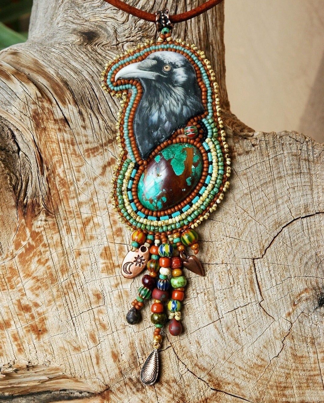 Funky Raven Bead Embroidered Necklace Beaded Raven and Chrysocolla ...