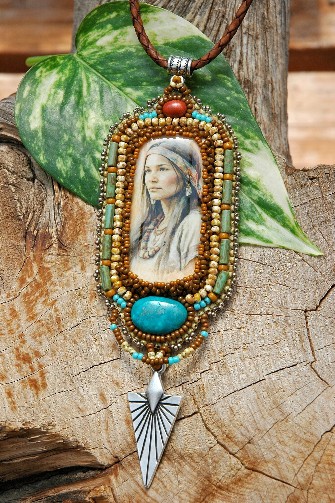 Native Woman Cabochon Necklace - Western Necklace- Beaded Native ...