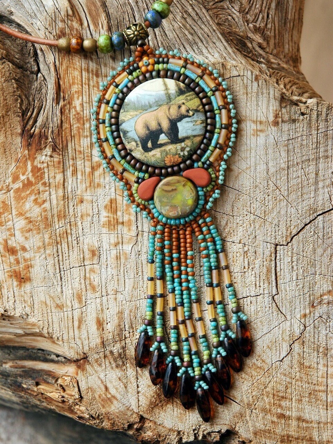Beaded Bear Necklace: Fabric Button Pendant, Czech Glass Daggers - Etsy