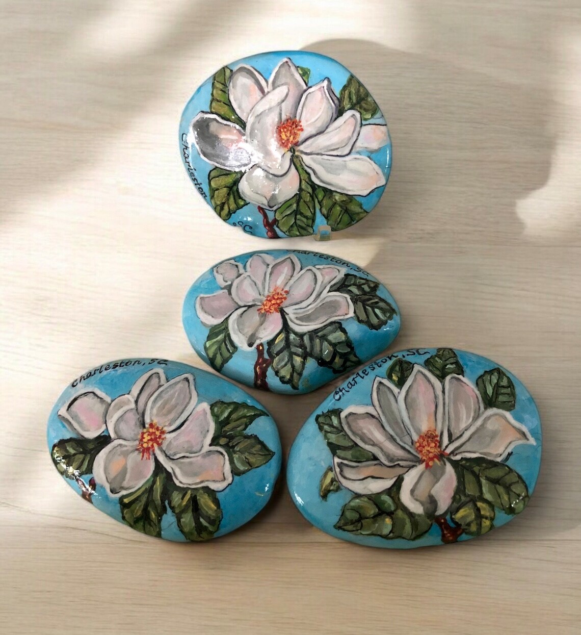Hand Painted Magnolia Flower Rock, Custom Rock Art, Hand Painted Rock ...