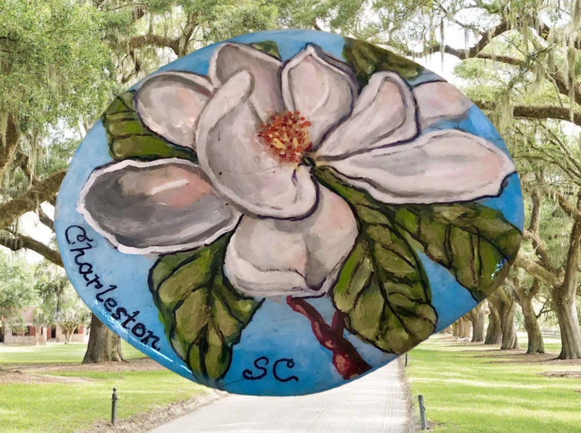 Hand Painted Magnolia Flower Rock, Custom Rock Art, Hand Painted Rock ...