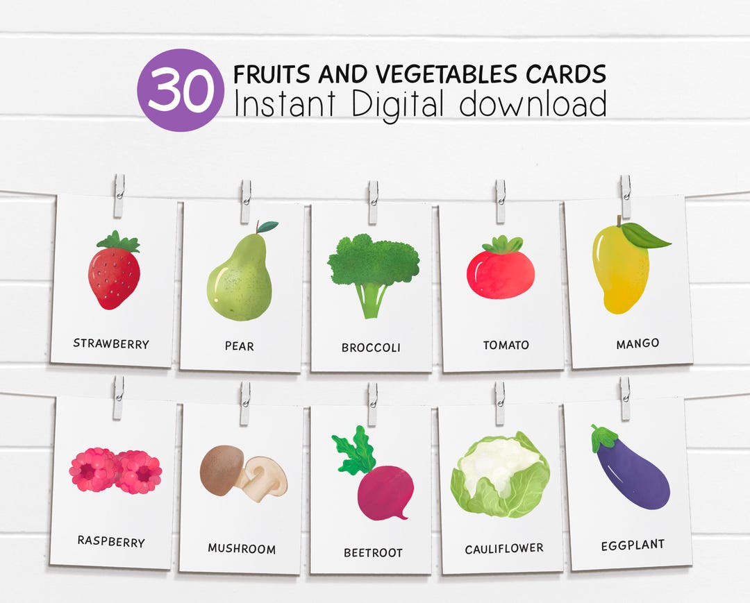30 Fruits and Vegetables Cards, Montessori Flashcards, Pre-school Cards ...
