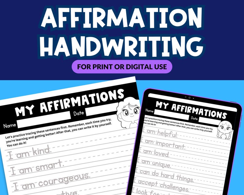Kids Affirmation Handwriting Worksheet | Positive Self-esteem Printable ...