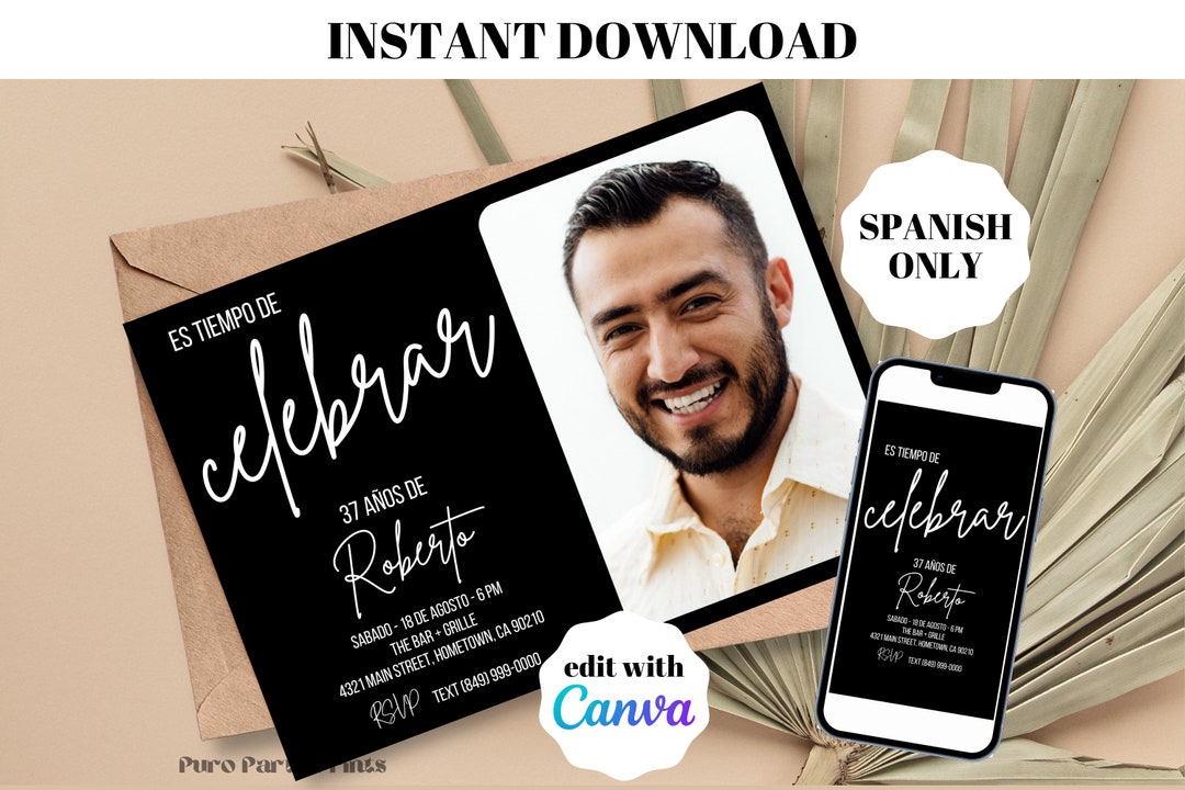 INSTANT Simple Modern Black SPANISH Birthday Party Invitation With ...