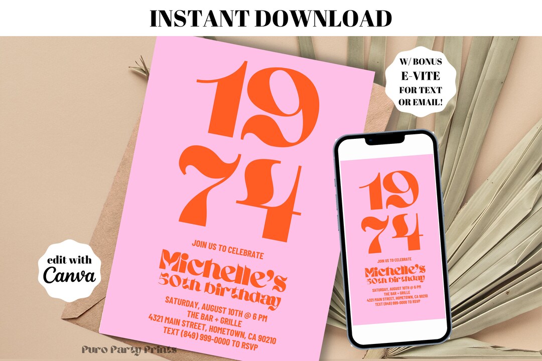 INSTANT Pink Retro 1974 50th Birthday Invitation Digital Download ...