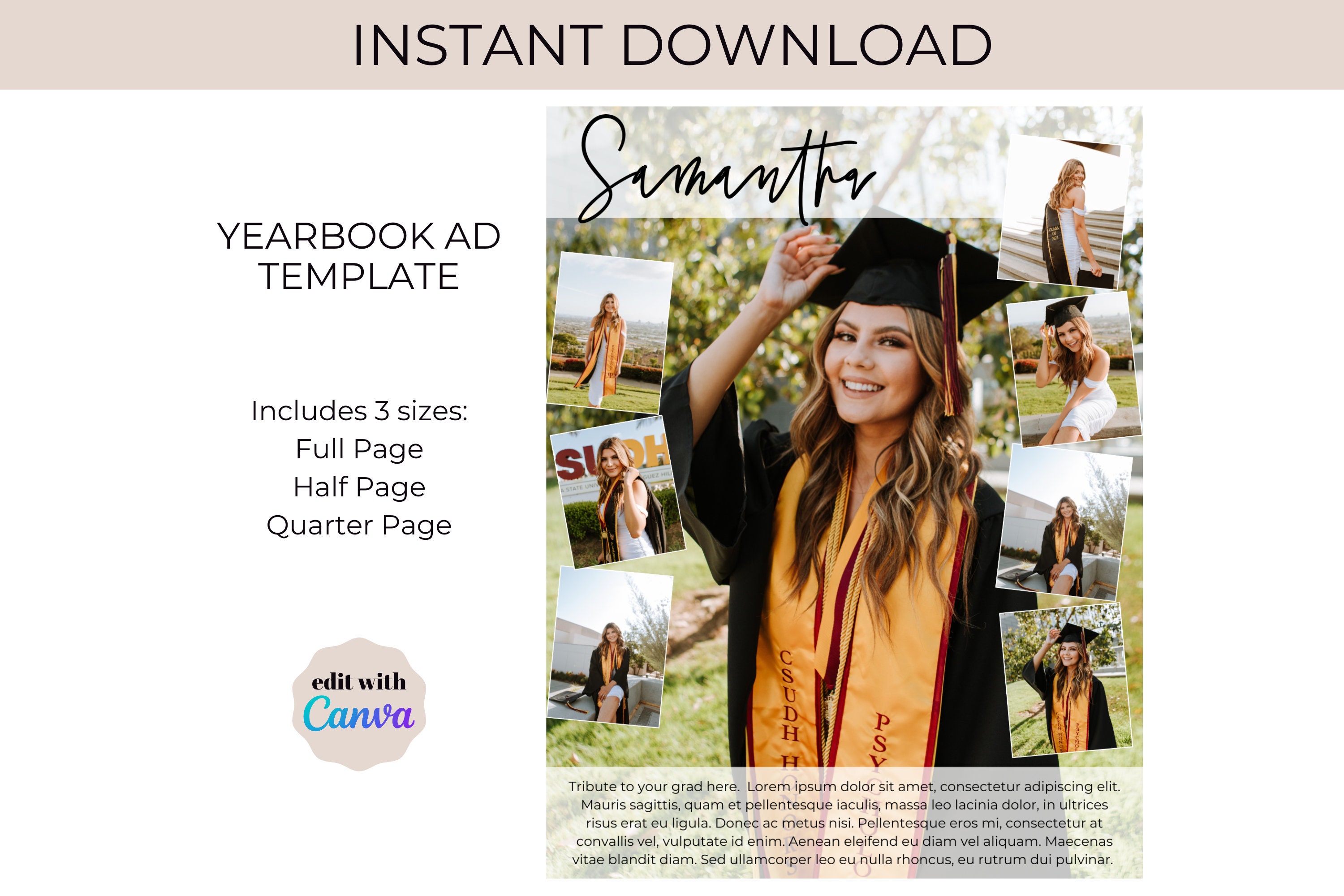 Senior Yearbook Ad Template, Full Page Half Page Quarter Page, High ...