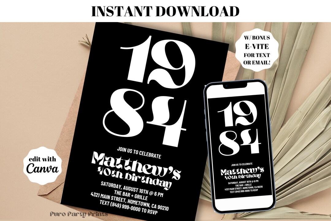 INSTANT Retro 1984 40th Birthday Invitation | Digital Download Editable ...
