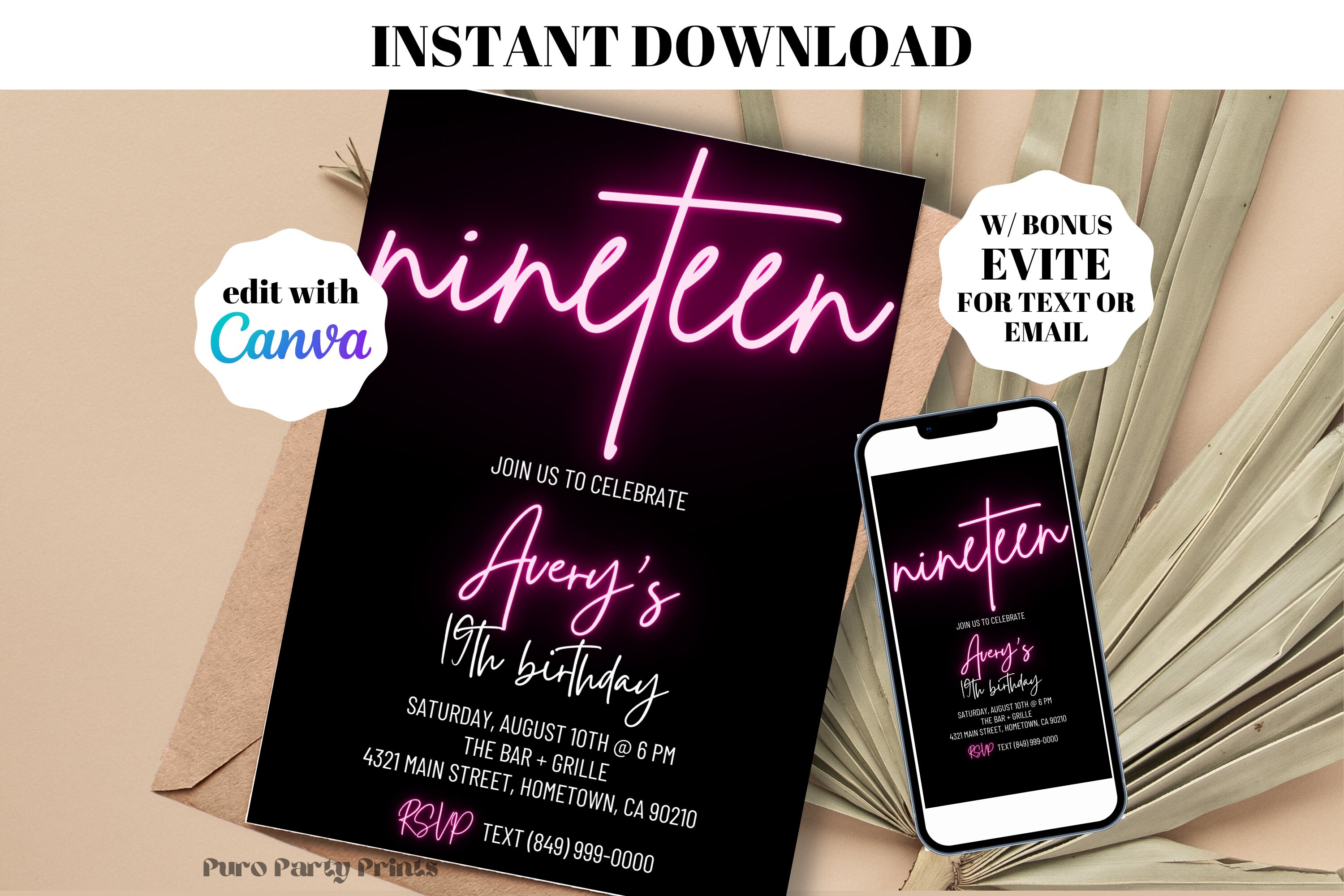 INSTANT Neon Pink Nineteen 19th Birthday Invitation Digital - Etsy