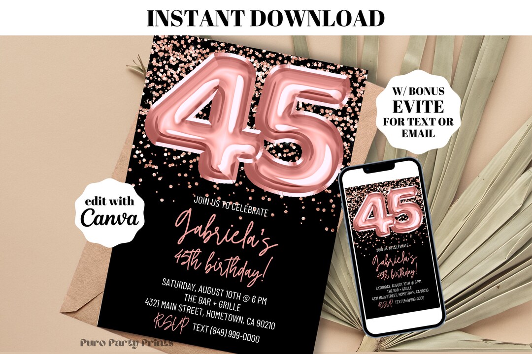 INSTANT Rose Gold Balloons 45th Birthday Invitation, Digital Download ...